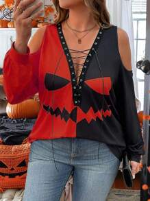 Calvaya Plus Size Halloween Colorblock Open Shoulder Print Drawstring ...