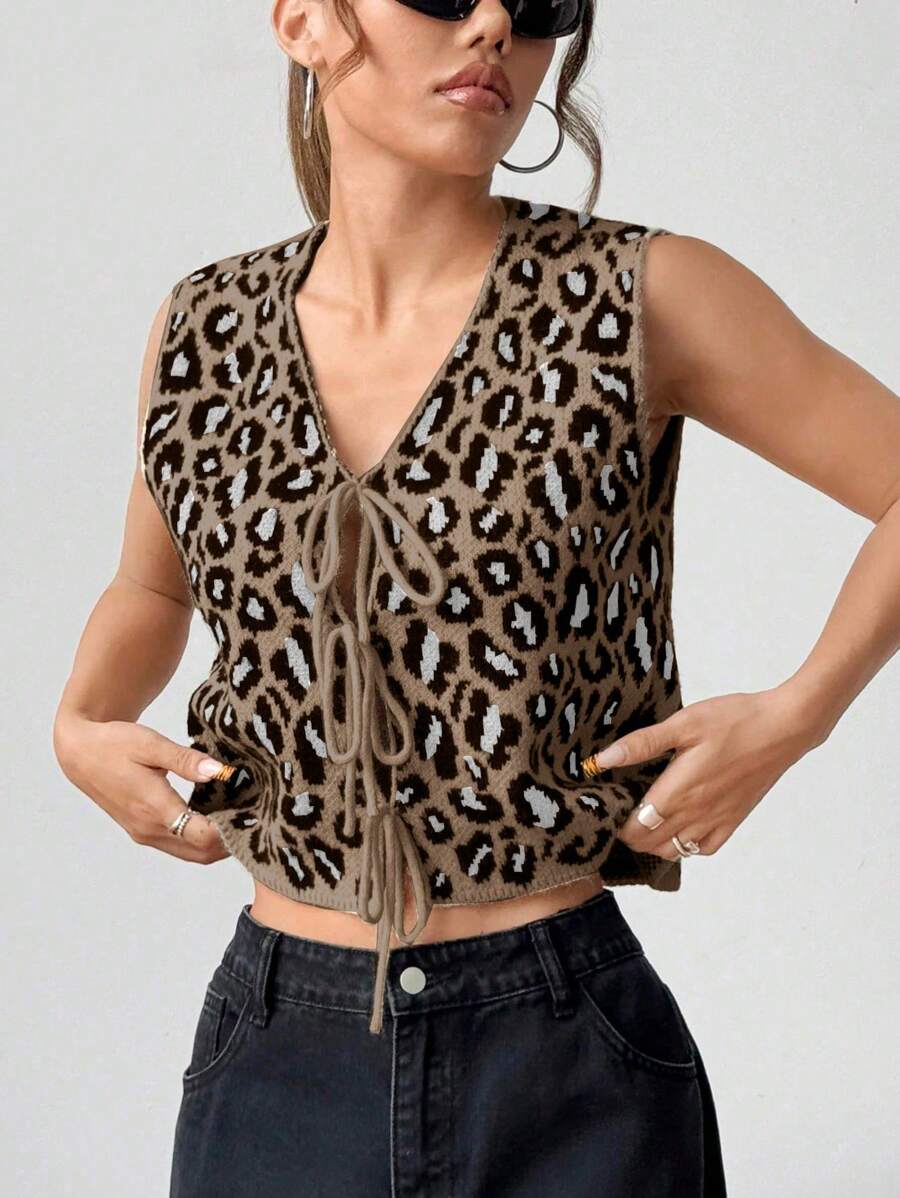 SHEIN Unity Loose Fit Front Tie Leopard Print Sweater Vest, Casual ...