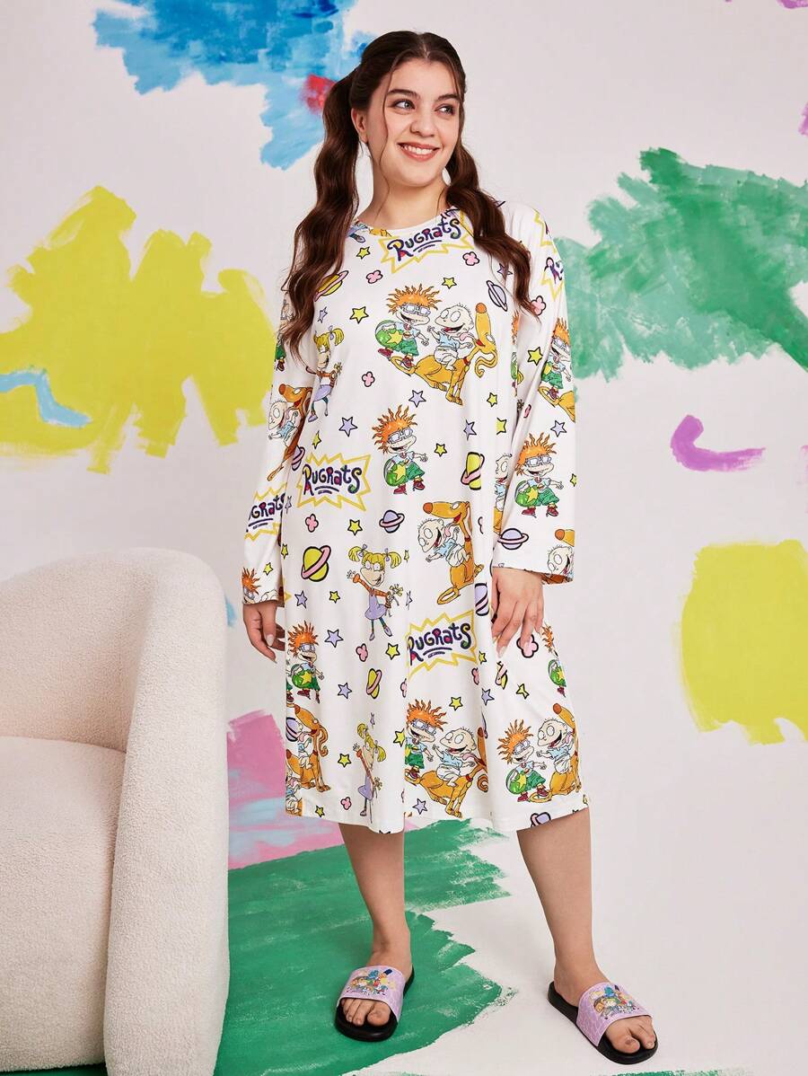 Nick 90s | SHEIN Plus Size Cartoon Print Nightgown | SHEIN USA