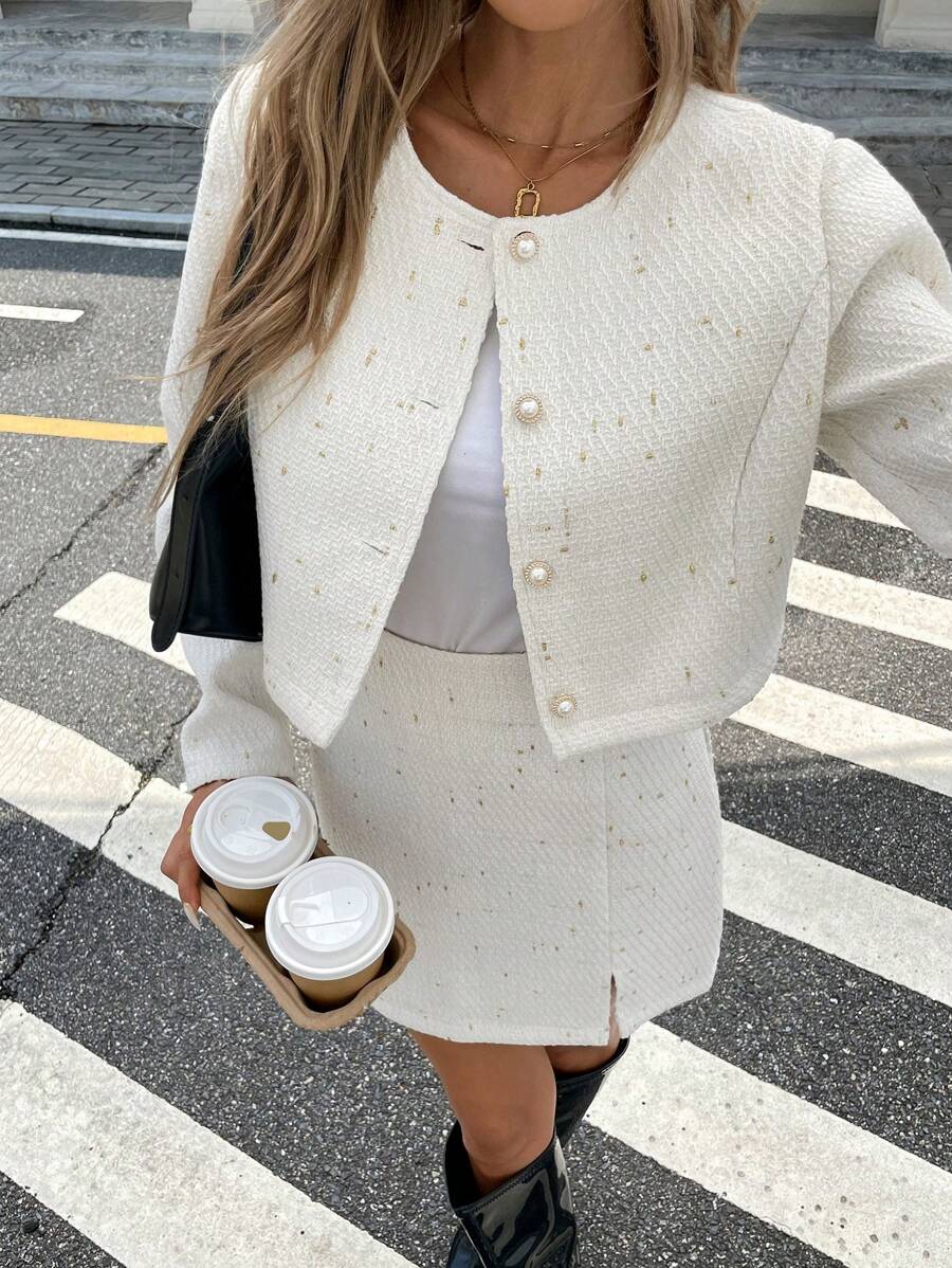 SHEIN Frenchy Women Tweed Short Jacket With Split Skirt Suit Set,Women ...