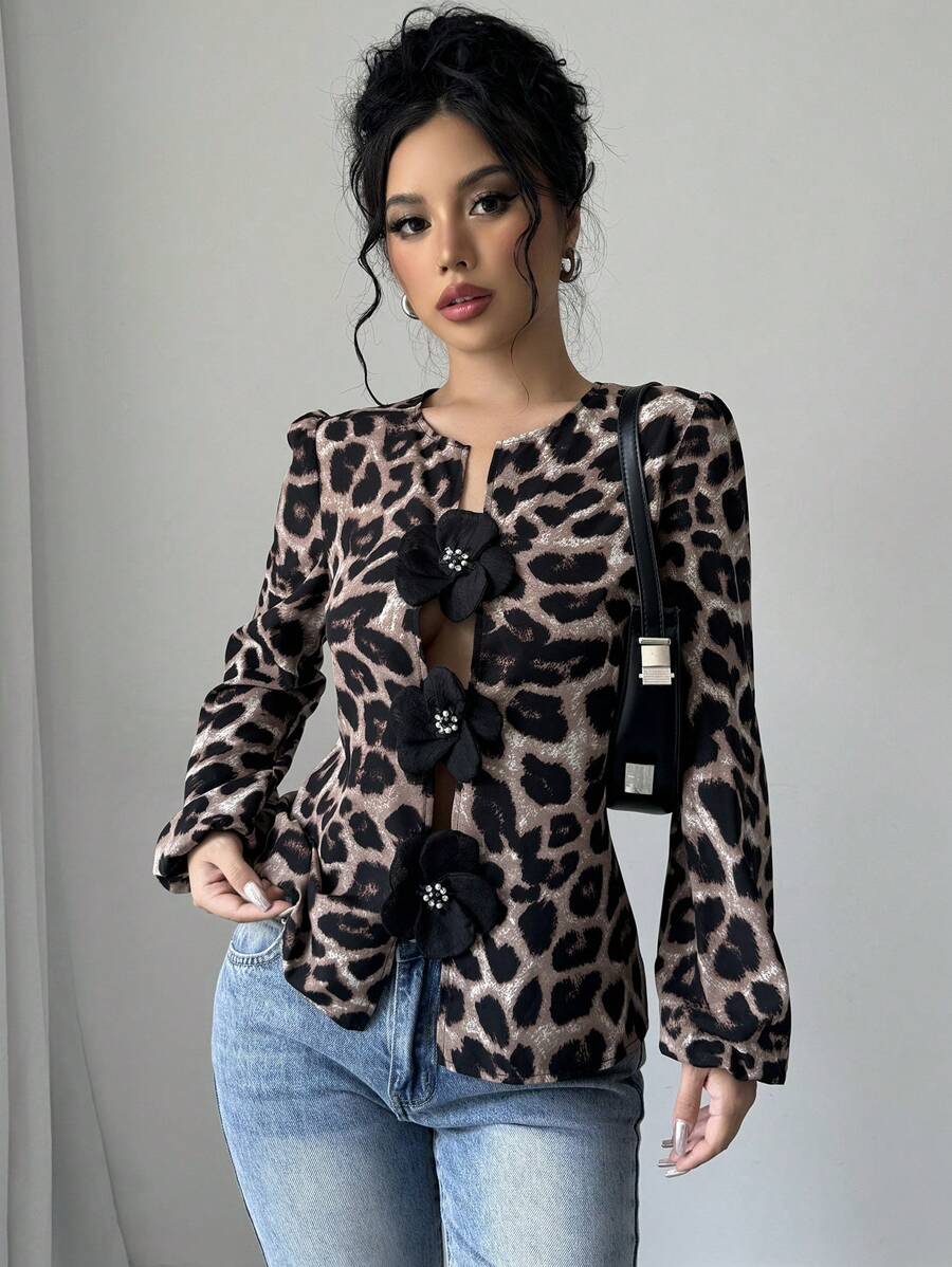 Elenzga Women's Elegant 3D Floral & Leopard Print Lantern Sleeve Blouse, Spring & Fall,Long ...