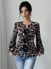 Elenzga Women's Elegant 3D Floral & Leopard Print Lantern Sleeve Blouse ...