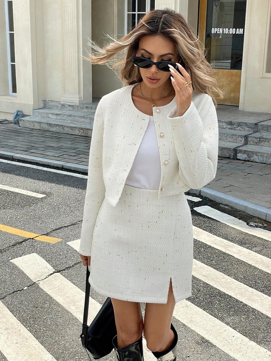 SHEIN Frenchy Women Tweed Short Jacket With Split Skirt Suit Set,Women ...