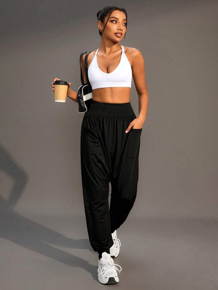 SHEIN Women's Solid Color With Dual Pockets Drop-Crotch Sports Pants ...