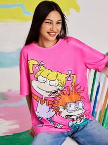 Nick 90s X SHEIN Summer Cool Style Cartoon Boys And Girls Pattern Pink ...