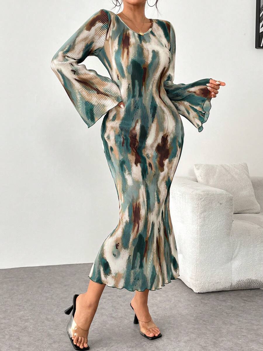 SHEIN Raffinéa Women's Green Tie Dye Cinched Waist Pleat Fish Tail Hem ...