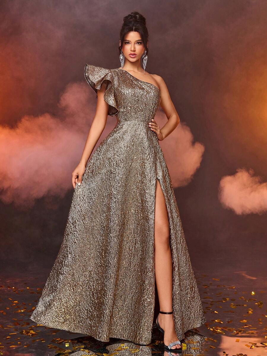 Glamrae Elegant And Gorgeous Golden Jacquard Satin One-Shoulder Ruffle ...