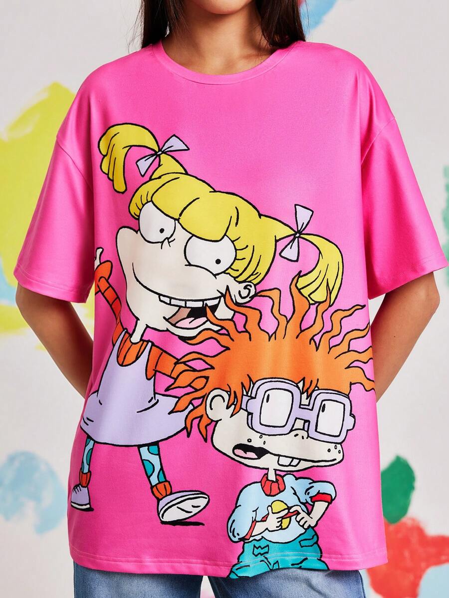 Nick 90s X SHEIN Summer Cool Style Cartoon Boys And Girls Pattern Pink ...