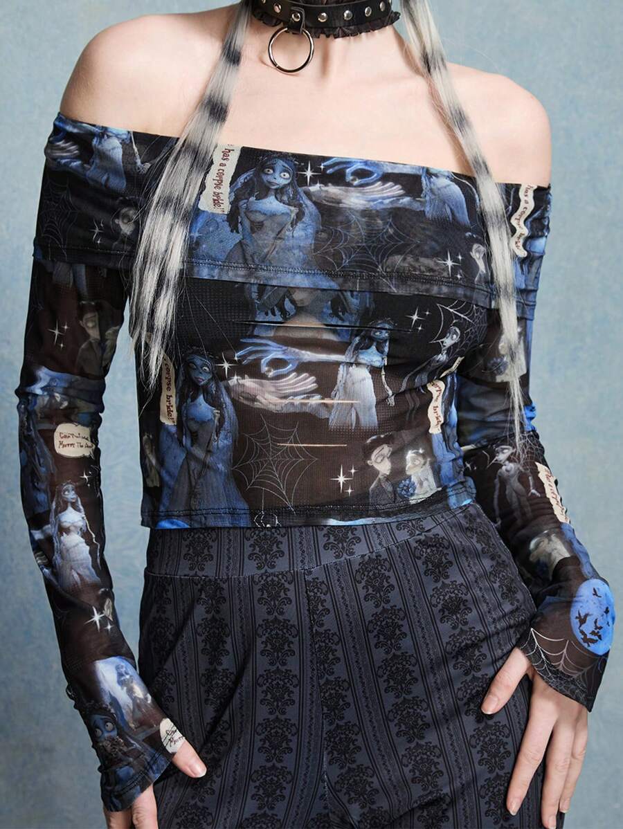 Corpse Bride X SHEIN Women Punk Rock Style Foldover Off-Shoulder Sheer ...