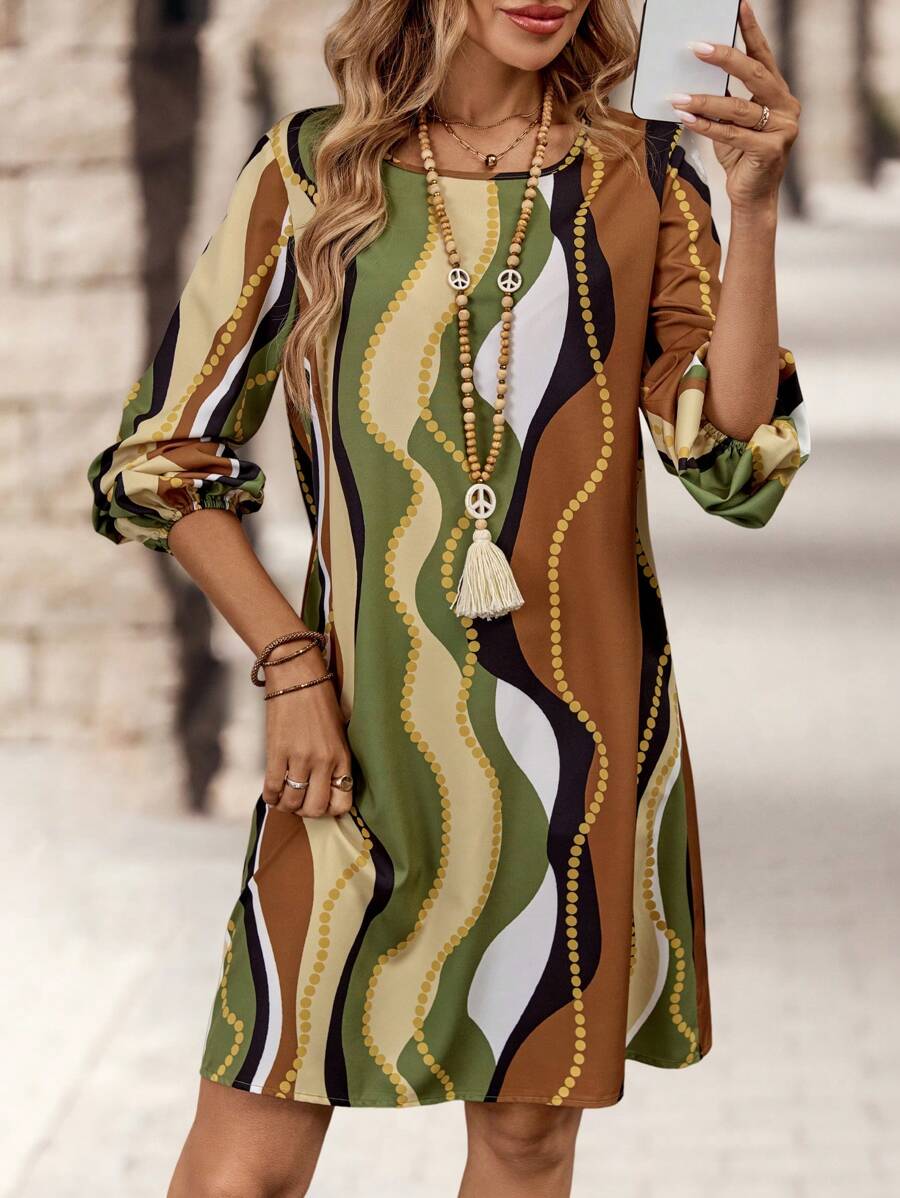 EMERY ROSE Women's Loose Geometric Printed Round Neck Lantern Sleeve ...