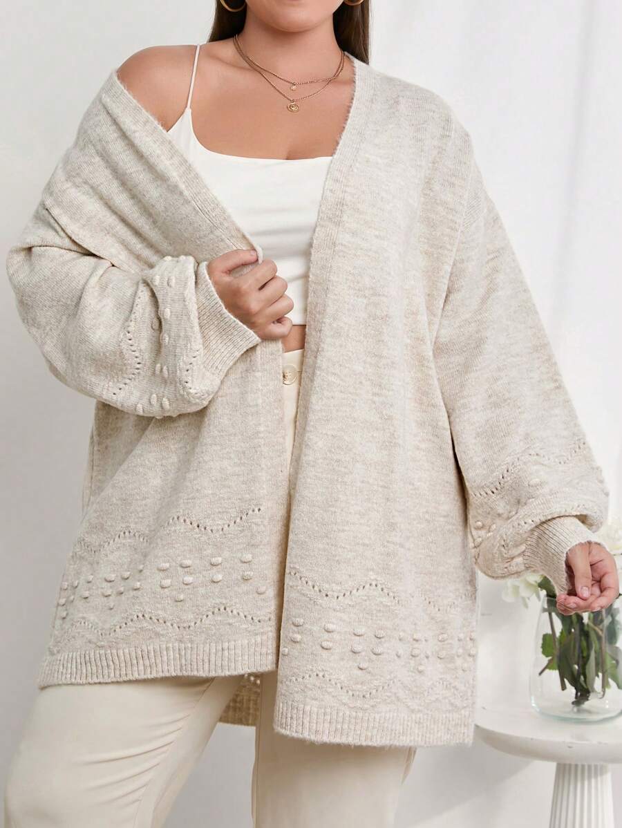 SHEIN Plus Size Women Solid Color Drop Shoulder Long Sleeve Hollow Out Loose Casual Cardigan ...