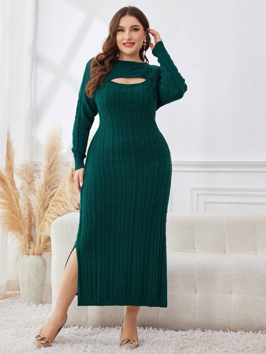 Modelyn プラスサイズ レディース カット アウトフロント スプリットヘム ケーブル ニット セーター ドレス 冬用 | SHEIN JAPAN