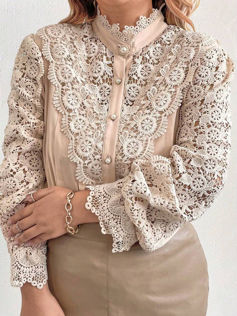 SHEIN Clasi Plus Size Women's Elegant Solid Color Lace Patchwork Stand ...
