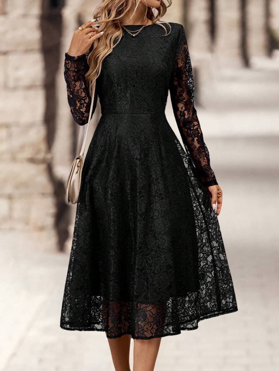 EMERY ROSE Women Elegant Waisted A-Line Lace Dress, Autumn | SHEIN ...
