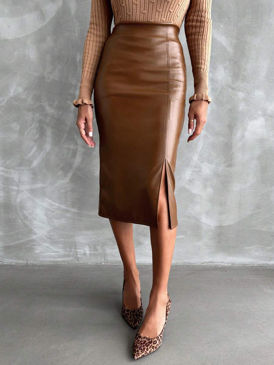Split Thigh PU Leather Pencil Skirt | SHEIN USA