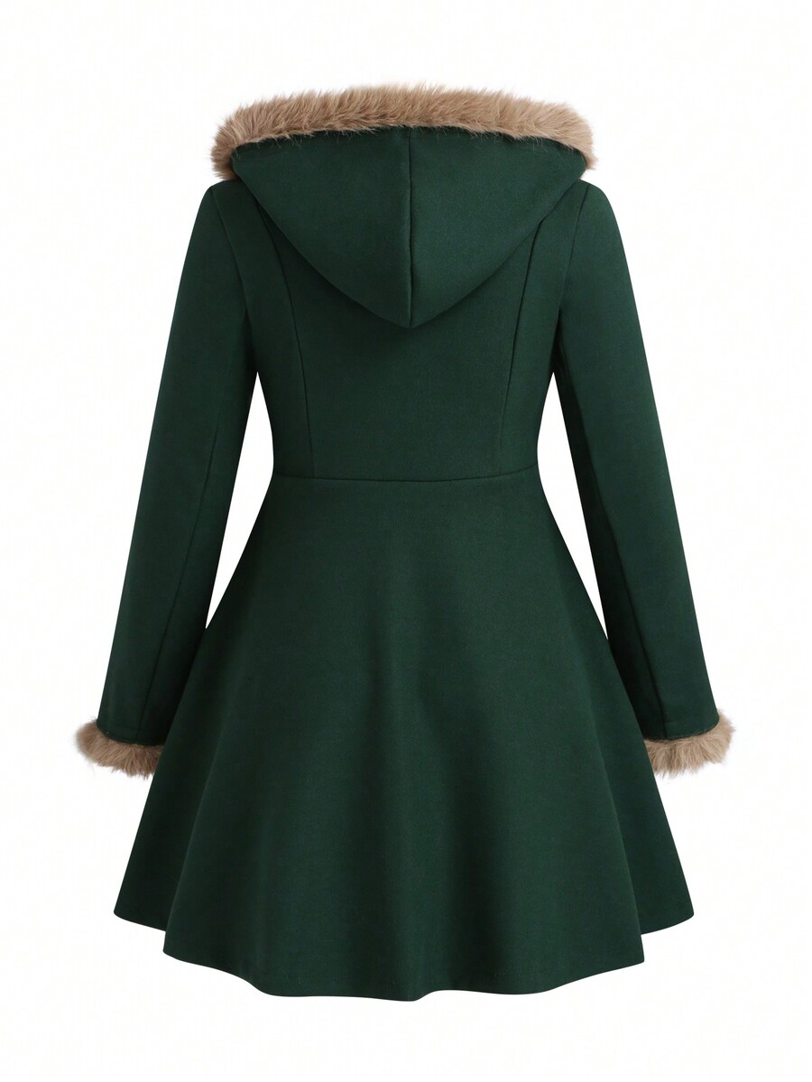 EMERY ROSE Plus Size Patchwork Fluffy Hooded Flowy Hem Overcoat, For ...