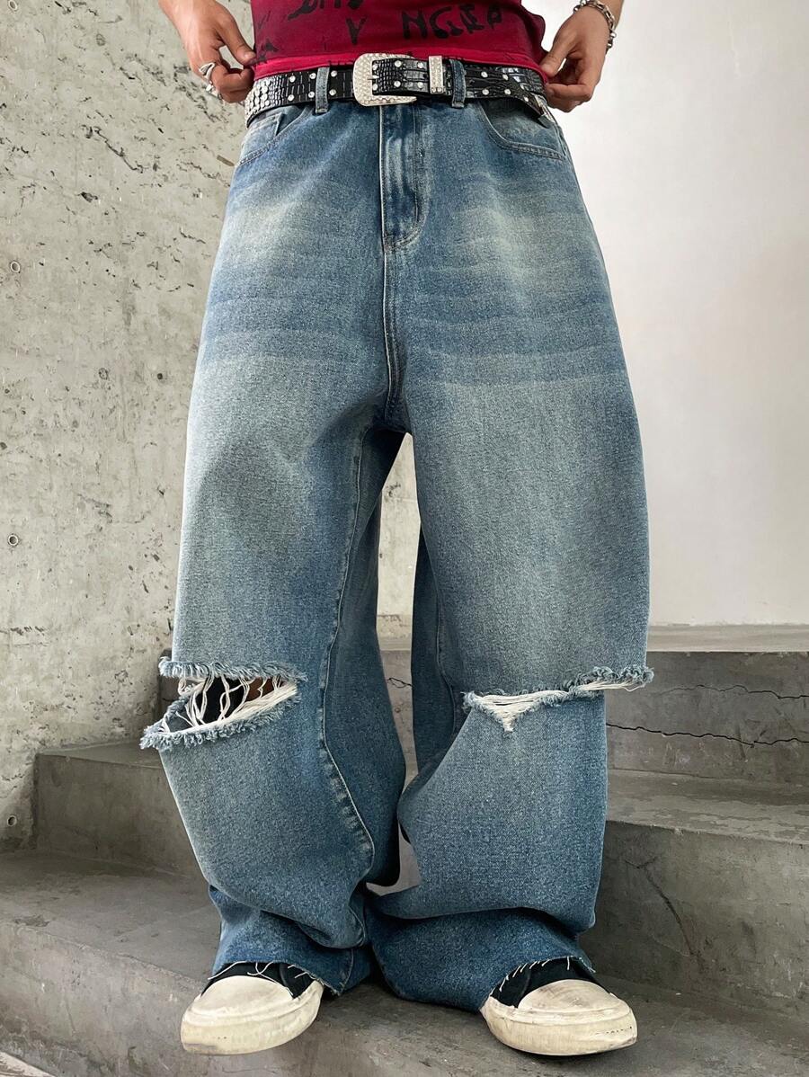 Manfinity EMRG Denim Baggy de Perna Larga Desgastado e Rasgado Azul Marinho para Homens | SHEIN ...