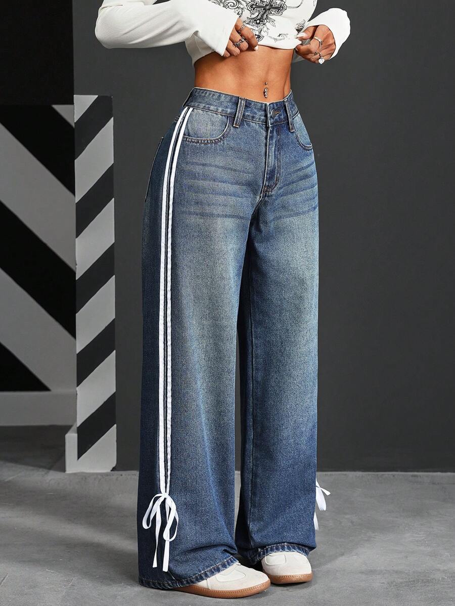 SHEIN PETITE Women's Side Stripe Pockets Wide Leg Loose Casual All ...