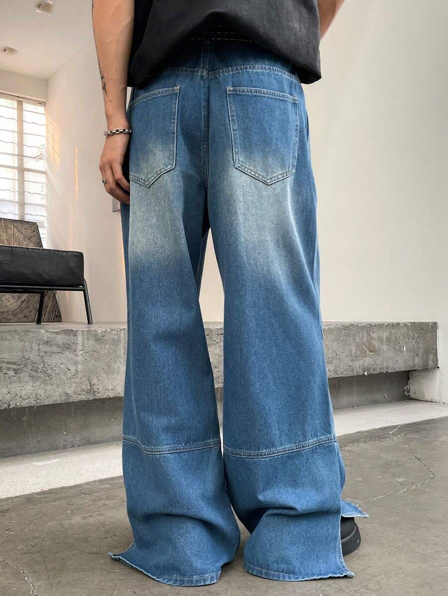 Manfinity EMRG Men's Washed Navy Blue Loose Wide-Leg Jeans, Plain Dark ...