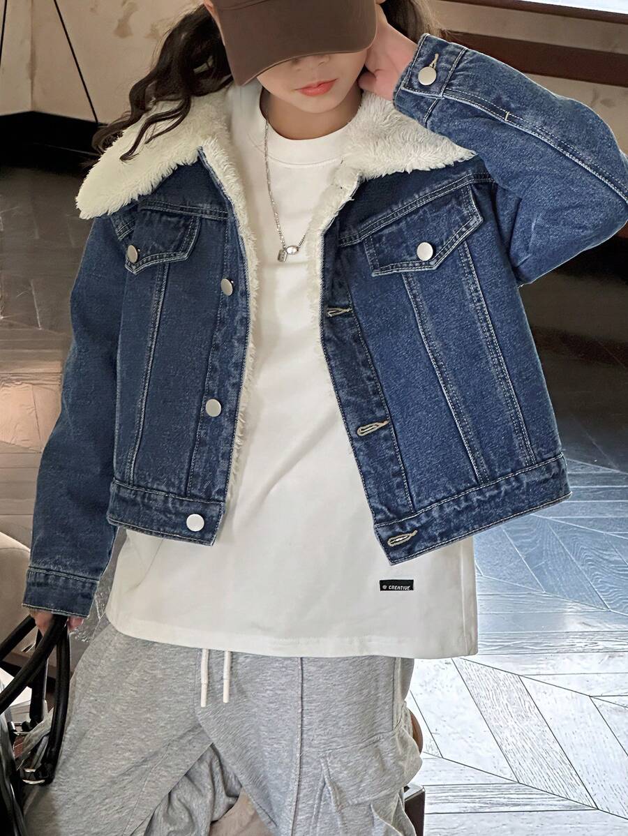 DAZY Tween Girls Contrast Color Fluffy Collar Long Sleeve Denim Jacket ...