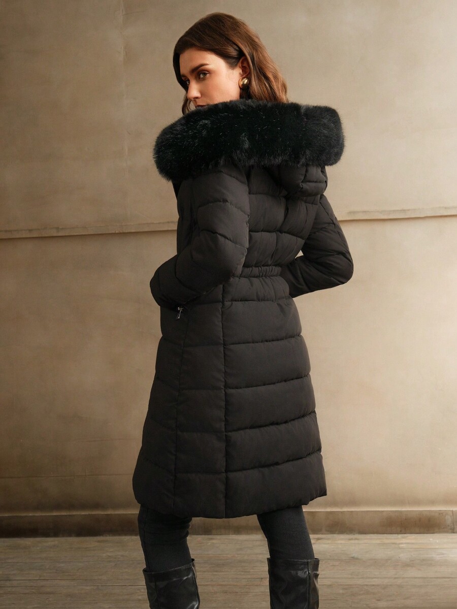 Anewsta Women Hooded Patchwork Fluffy Long Sleeve Casual Padded Coat ...