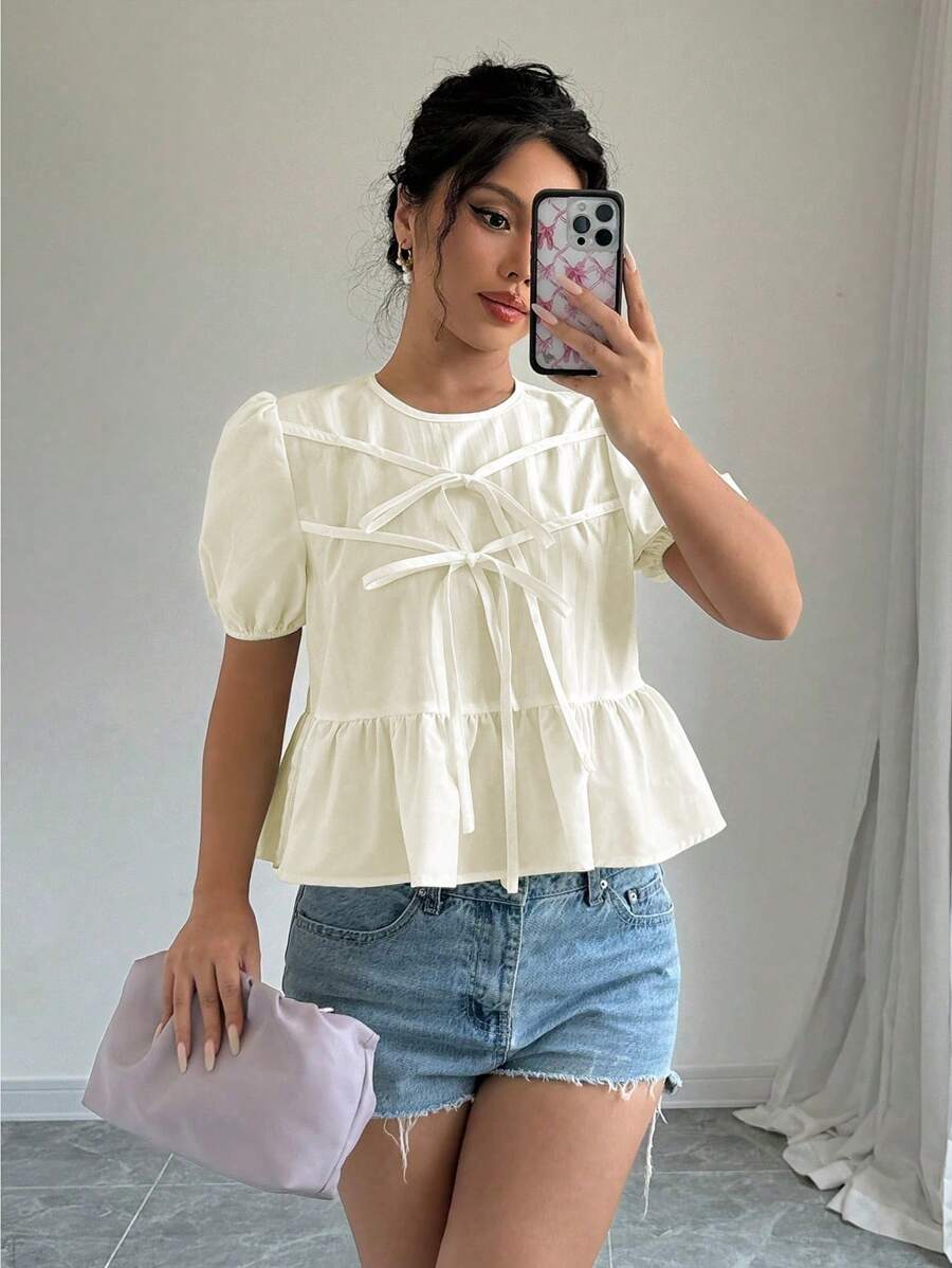 SHEIN Relaxiva Women's Summer Solid Color Round Neck Bubble Short ...