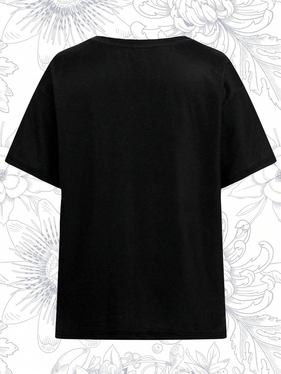 Frida Kahlo X SHEIN Fall And Winter, Black Loose T-Shirt, Plant, Flower ...