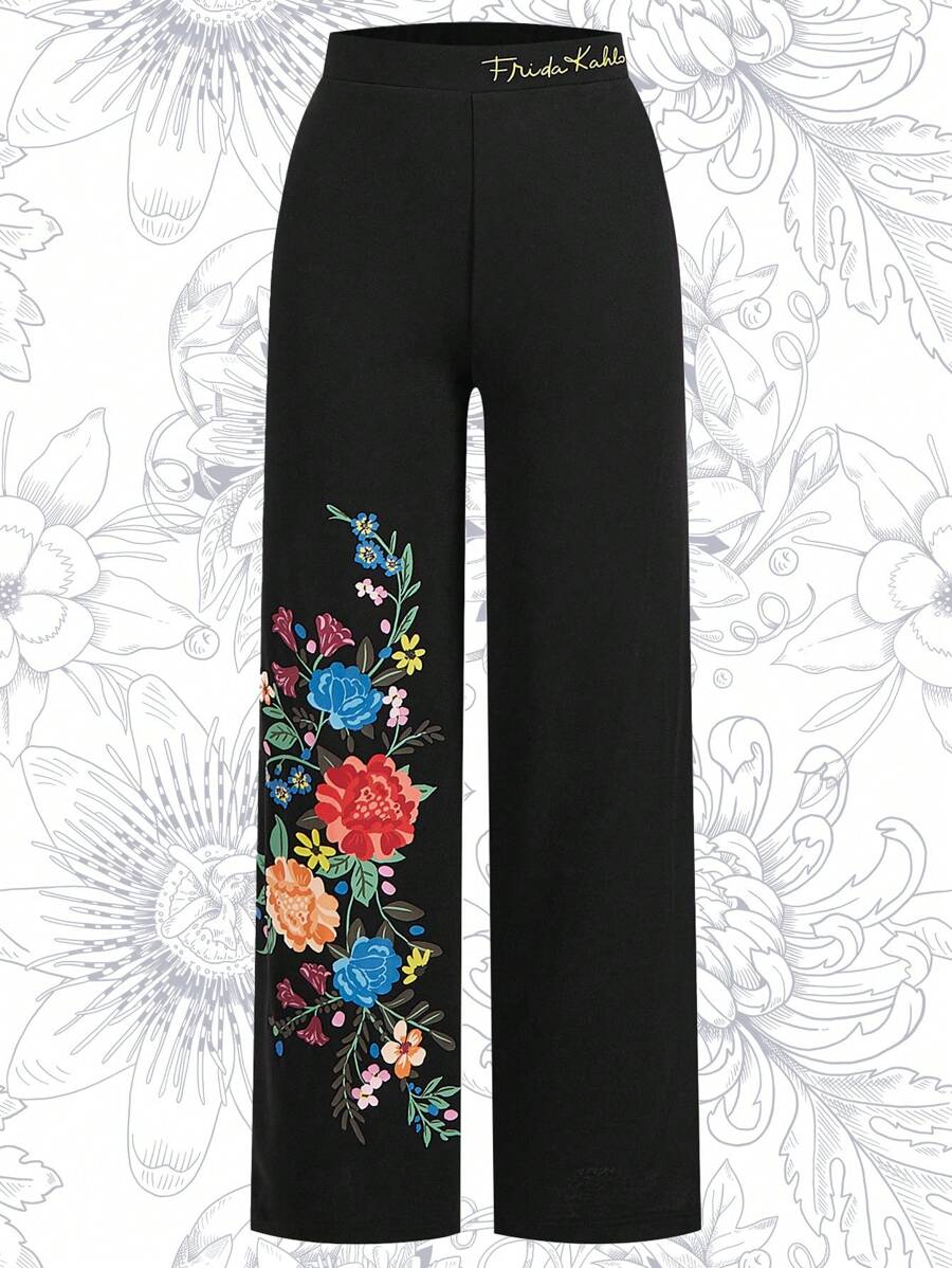 Frida Kahlo X SHEIN Fall And Winter Black Floral Print Artist Straight ...