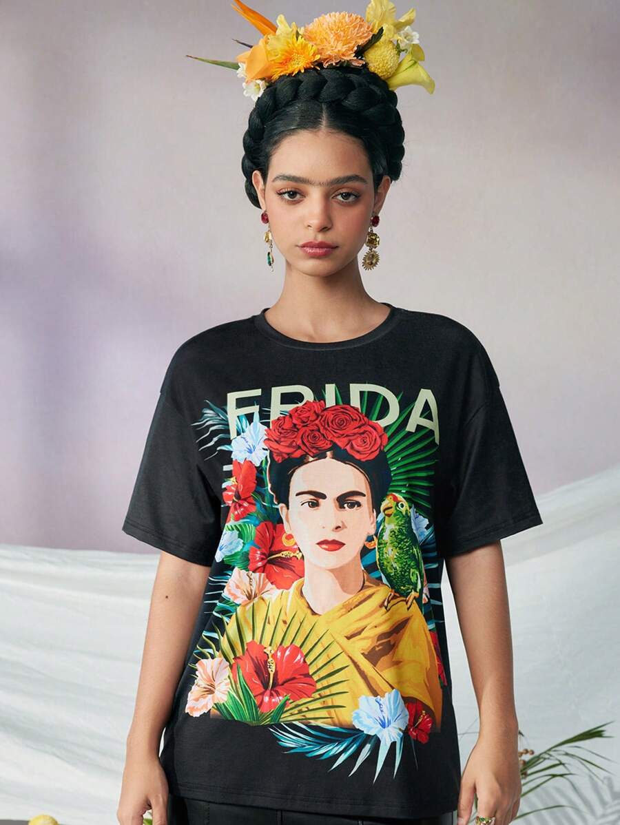 Frida Kahlo X SHEIN Fall And Winter, Black Loose T-Shirt, Plant, Flower ...
