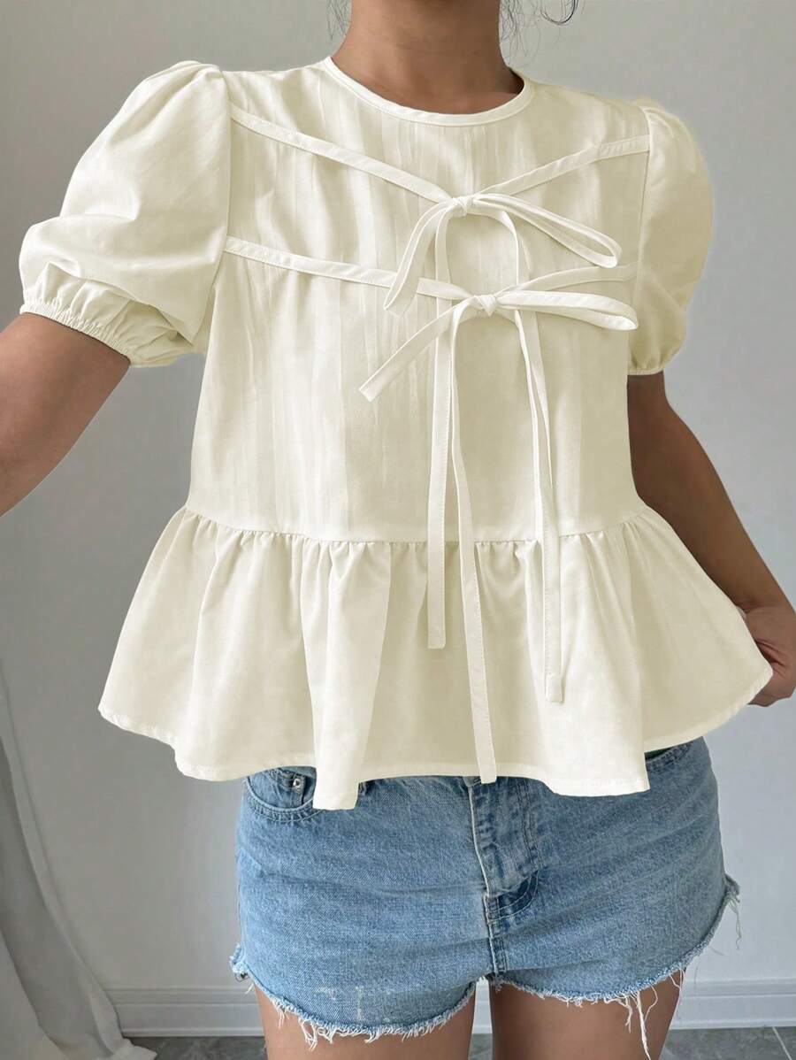 SHEIN Relaxiva Women's Summer Solid Color Round Neck Bubble Short ...