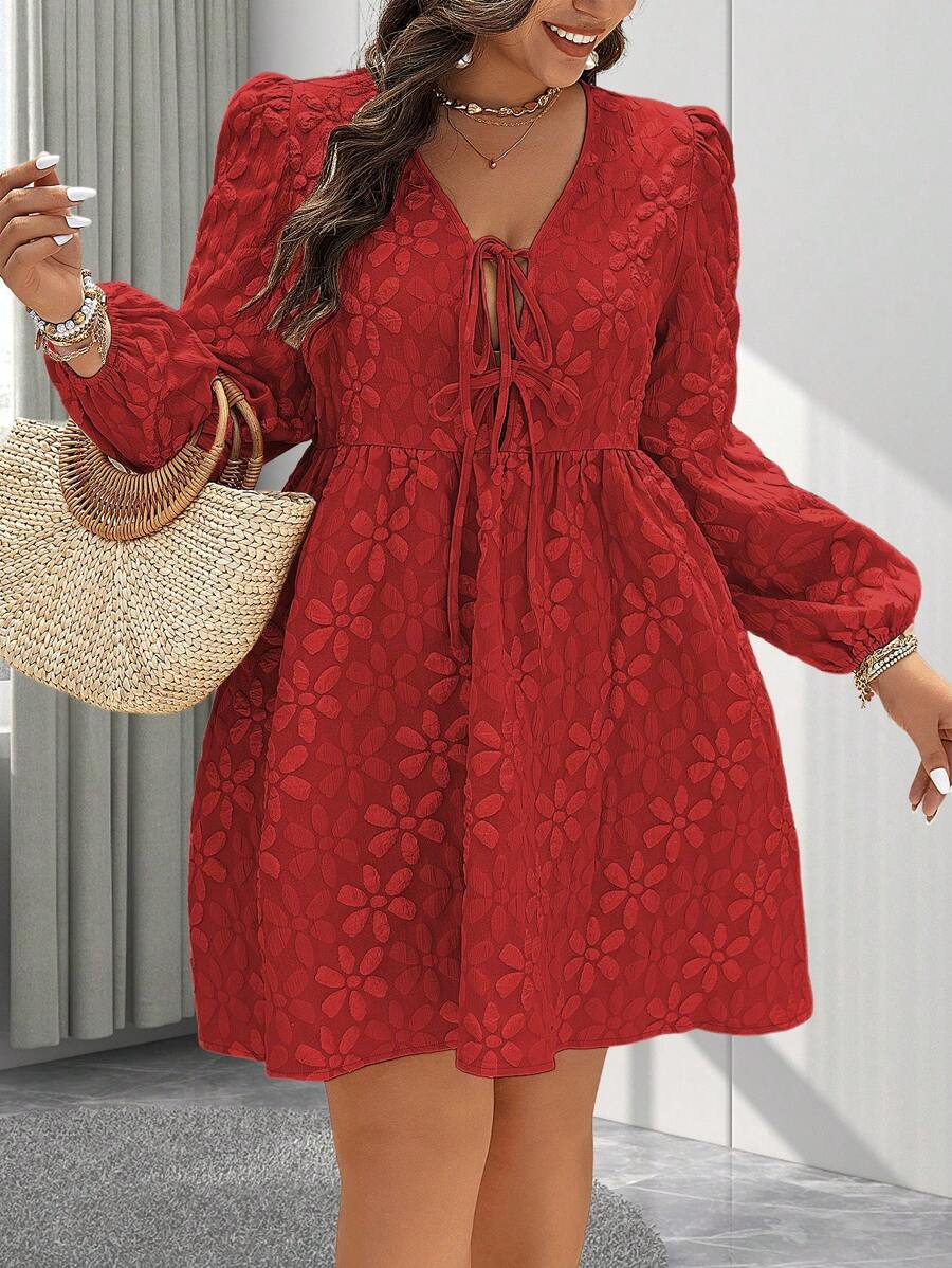 Flirla Plus Size Lace-Up Long Sleeve Floral Print Minimalist Short ...