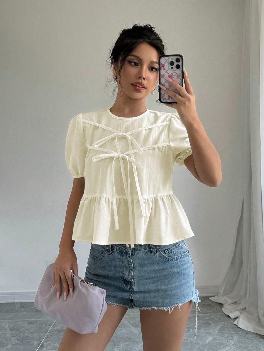 SHEIN Relaxiva Women's Summer Solid Color Round Neck Bubble Short ...