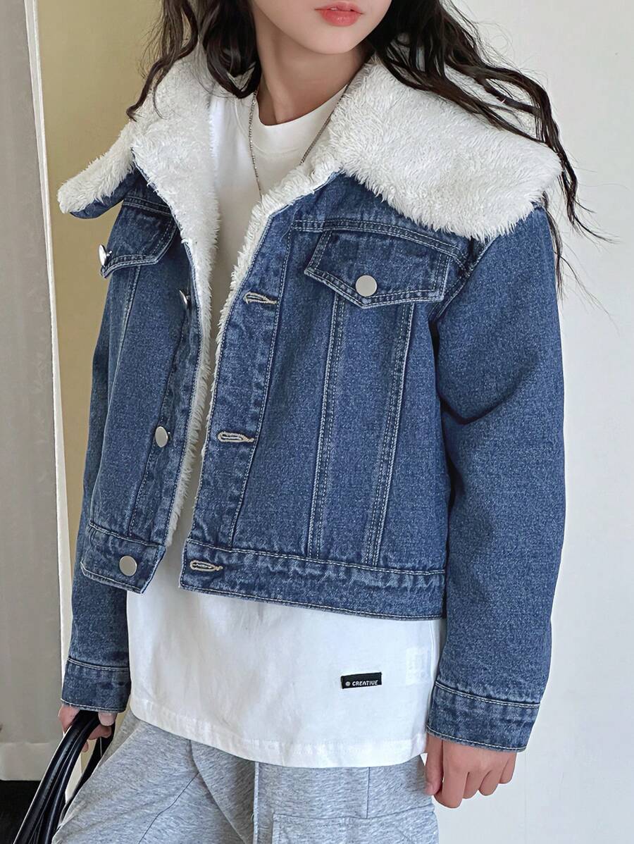 DAZY Tween Girls Contrast Color Fluffy Collar Long Sleeve Denim Jacket ...