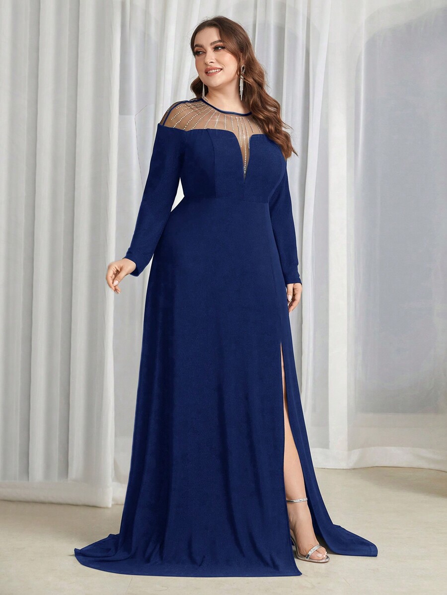 SHEIN Belle Vestido de noche con abertura alta, paneles de malla con strass y cola larga, para ...