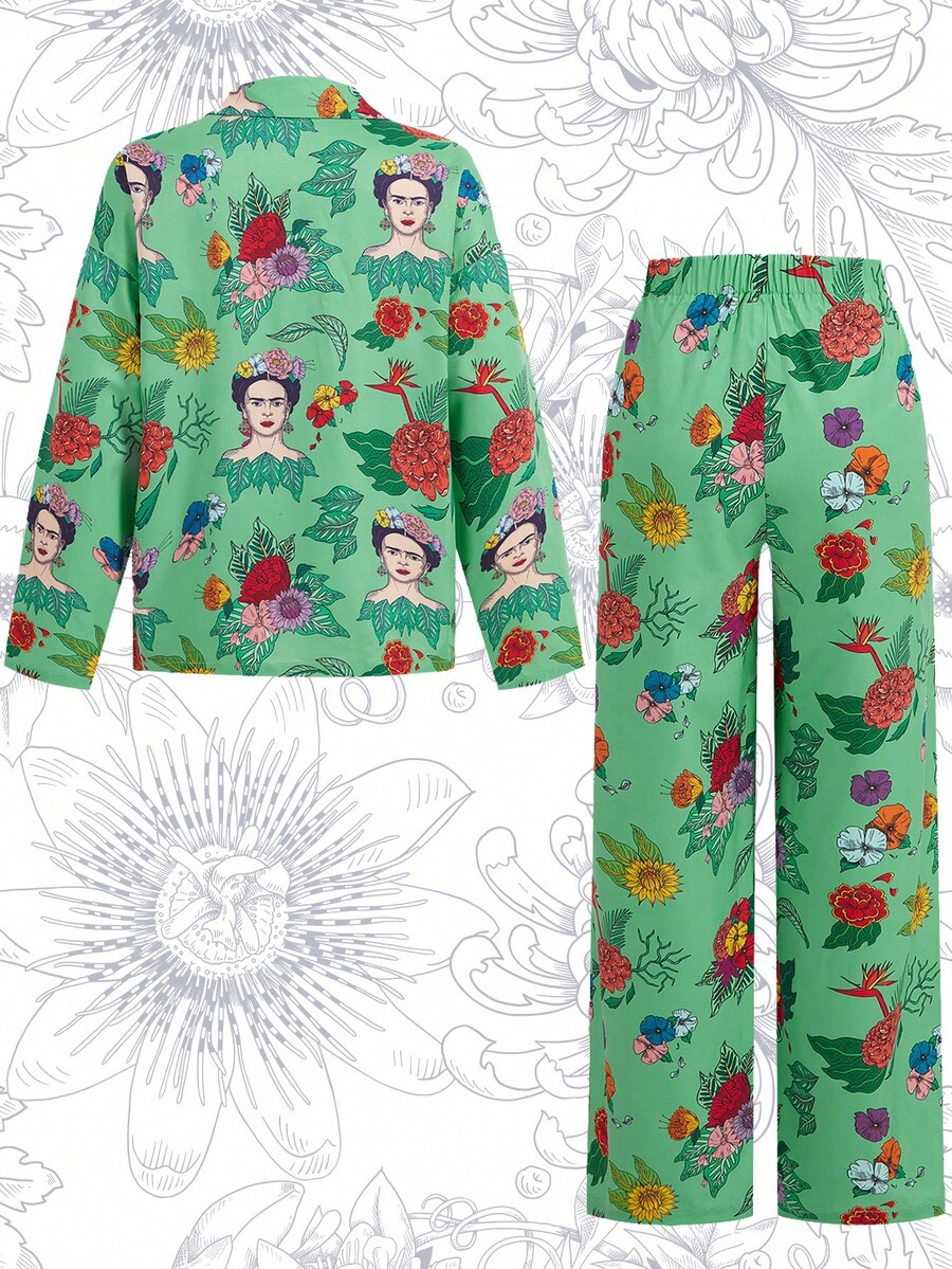 Frida Kahlo X SHEIN Fall And Winter, Green Loose Pajama Set, Plant ...