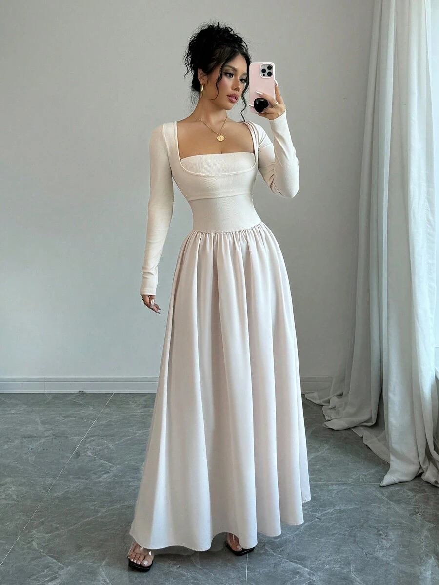 Rafferiza Women's 2 In 1 Square Collar Long Sleeve A-Line Cinched Waist ...