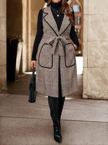 SHEIN Clasi Plus Size Women Winter/Fall Dark Grey Plaid Pocket Jacket ...