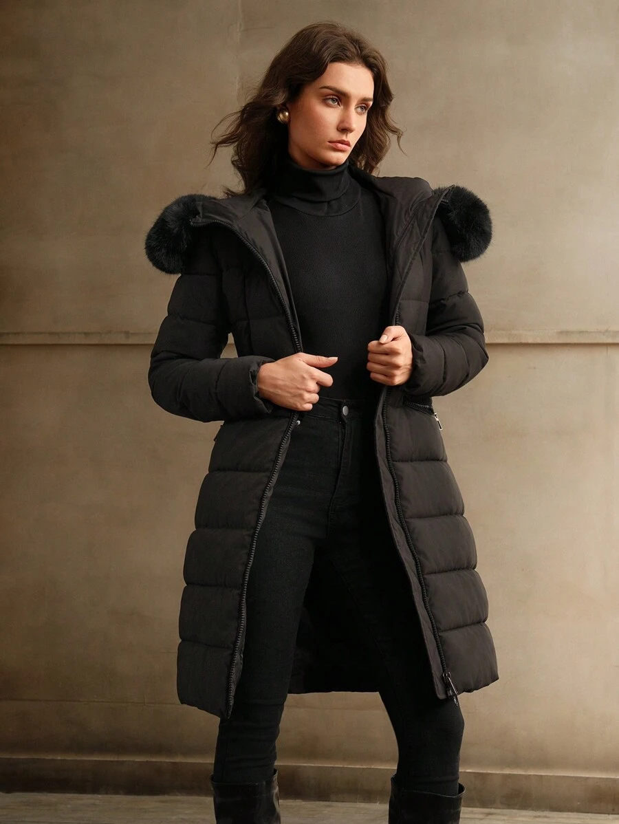 Anewsta Women Hooded Patchwork Fluffy Long Sleeve Casual Padded Coat ...