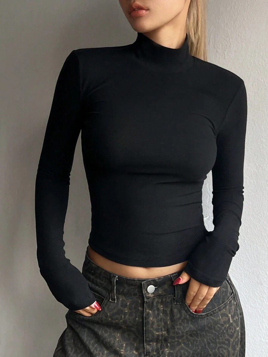 DAZY Women's High Collar Slim Fit Solid Color Long Sleeve Casual T-Shirt, Autumn | SHEIN USA