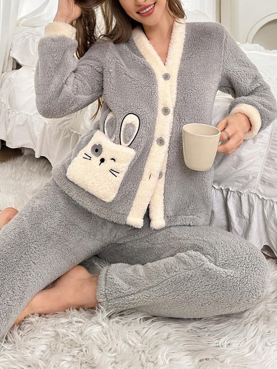 Cartoon Rabbit Embroidered Pocket Open Front Reversible Fleece Pajama ...