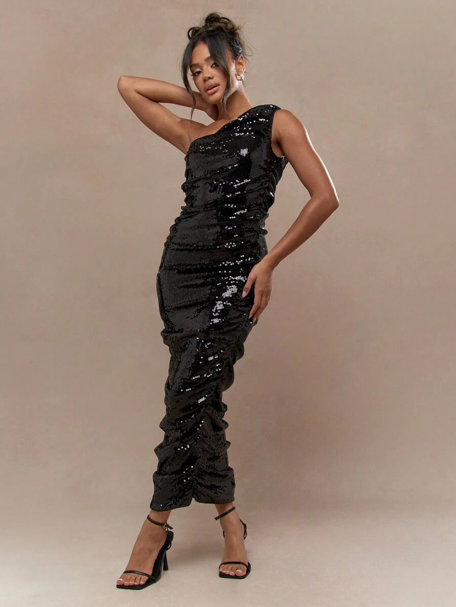 MISSGUIDED Y2K Futuristic Sequin Asymmetric One Shoulder Ruched Maxi Dress | SHEIN USA