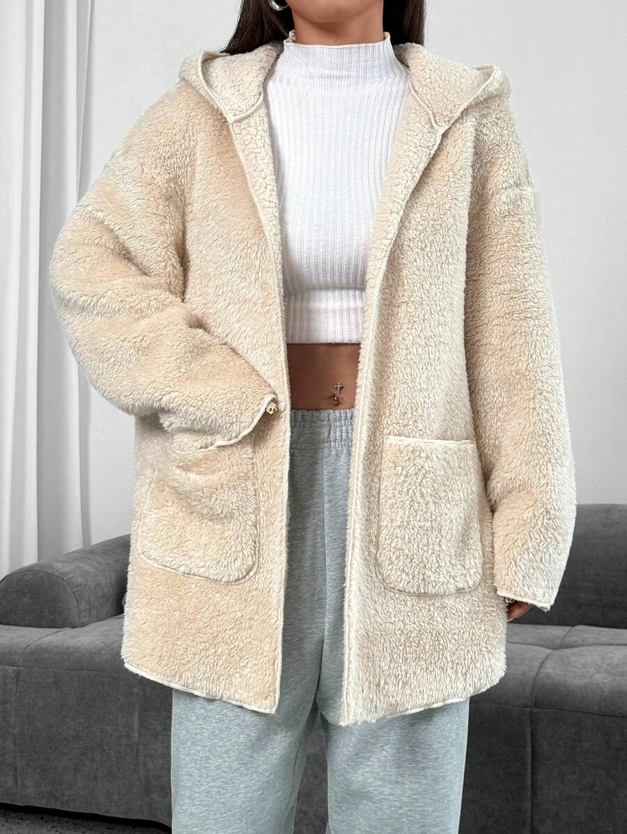 SHEIN EZwear Apricot Fuzzy Women's Dropped Shoulder Long Sleeve Plus ...