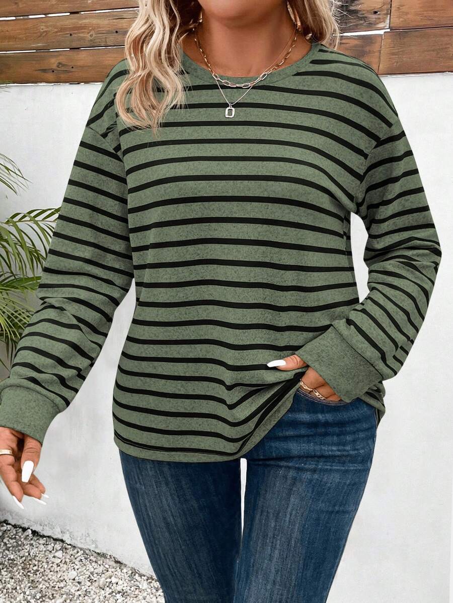 INAWLY Plus Size Casual Round Neck Long Sleeve Striped T-Shirt, Autumn ...