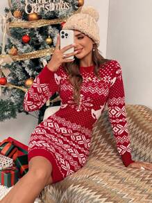 EMERY ROSE Women's Geometric Pattern Christmas Fitted Knit Sweater ...