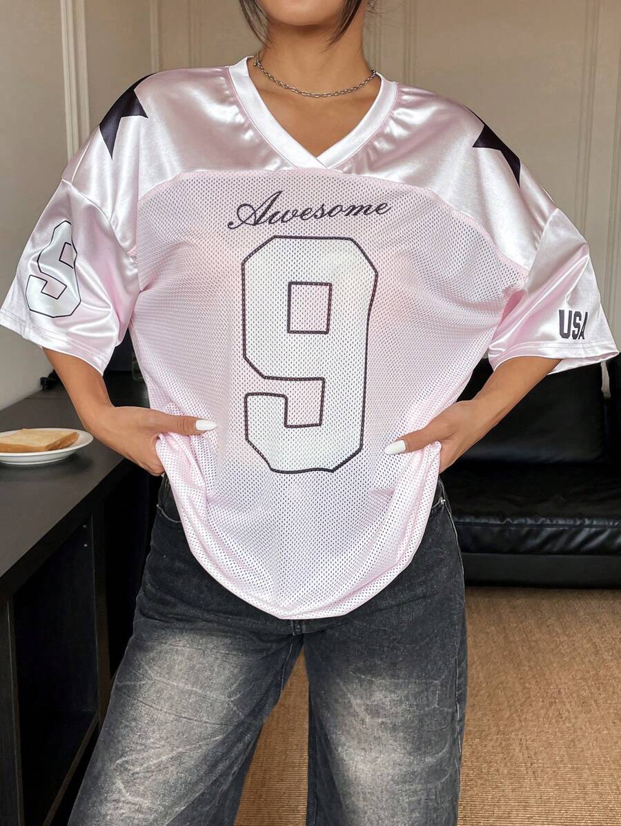 SHEIN EZwear Oversized Boyfriend Style Print Letter & Star Satin ...