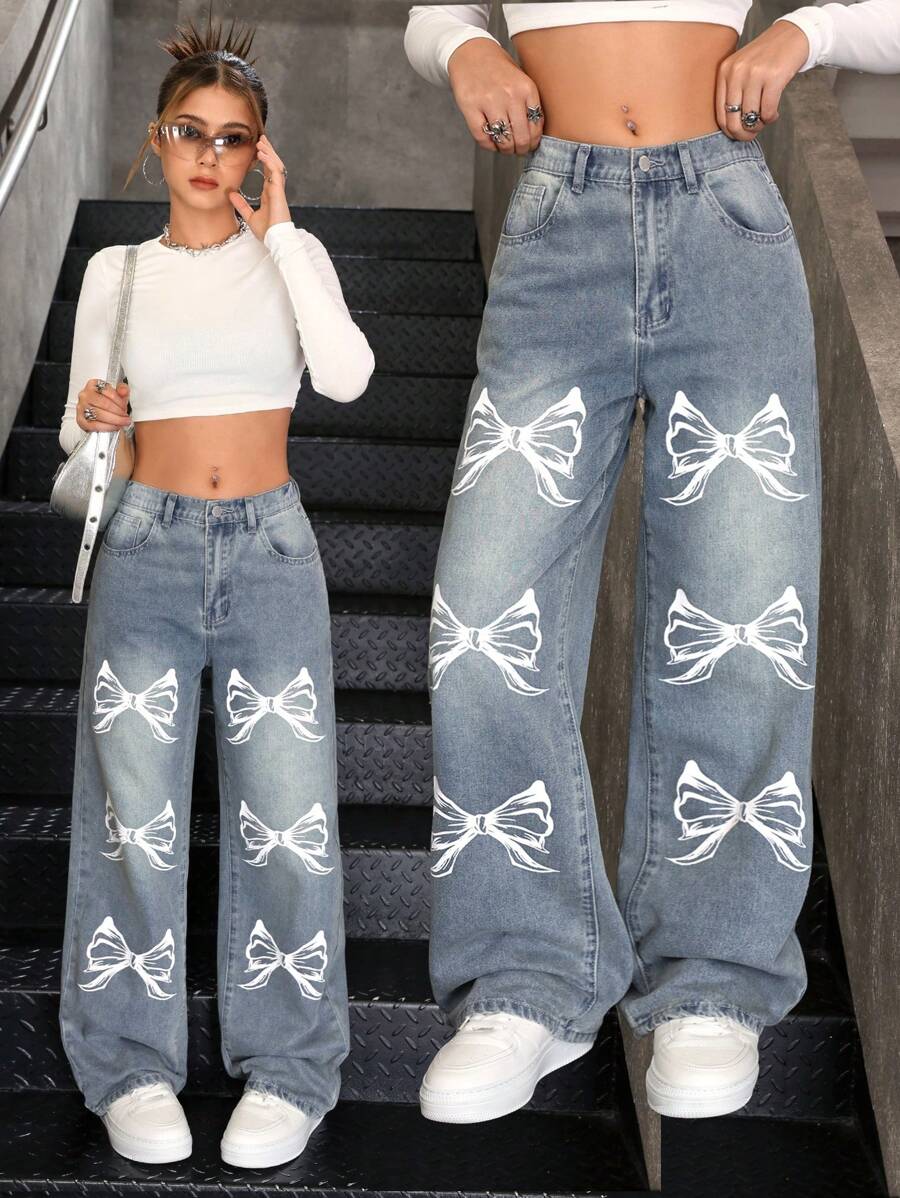 SHEIN Teenager Mädchen Y2K weiße Schleife Dekor Vintage blaue Jeans ...
