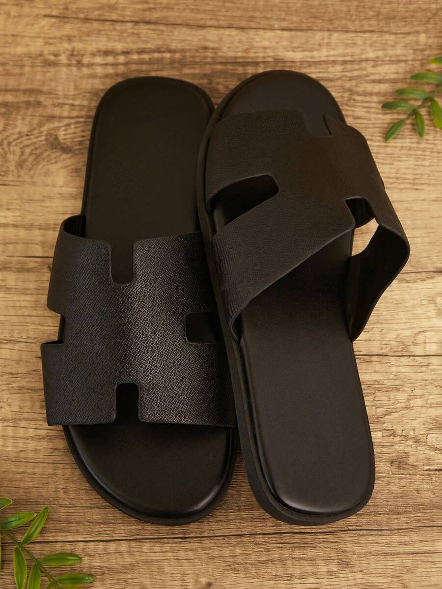 SHEIN SHUZIA Men's Textured Black Slide Sandals, Anti-Slip, Comfortable ...