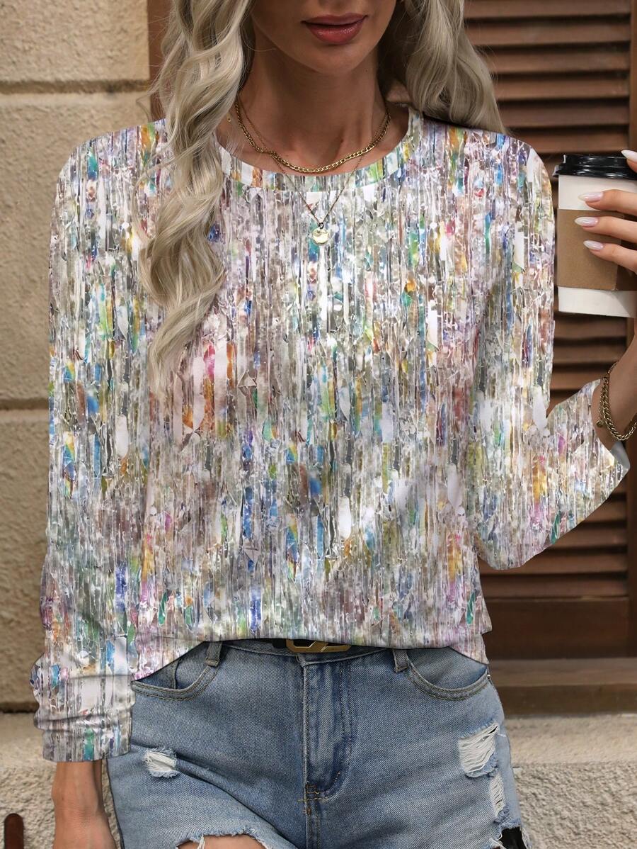 SHEIN LUNE Women Sparkly Diamond Print Long Sleeve T-Shirt With Full ...