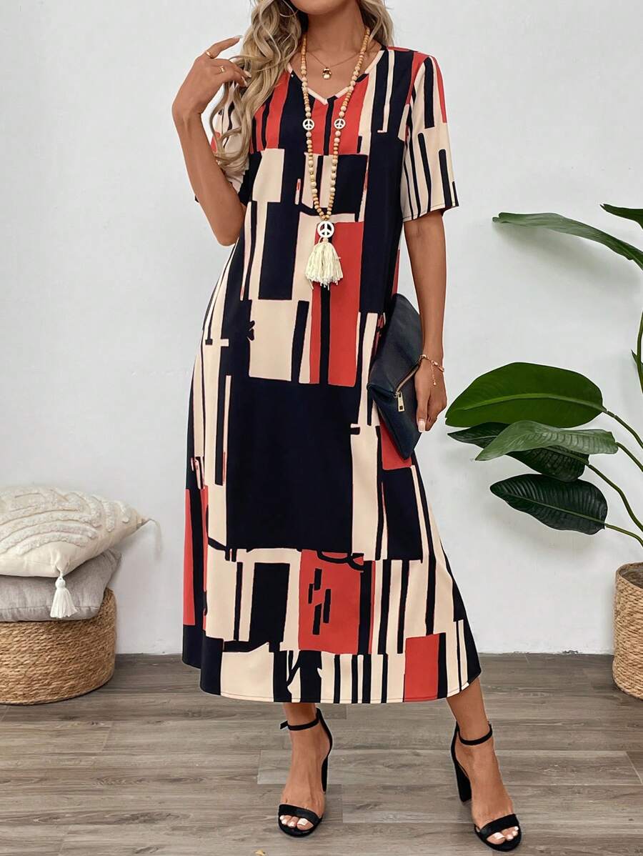 EMERY ROSE Random Print V-Neck Casual Short Sleeve Dress | SHEIN USA