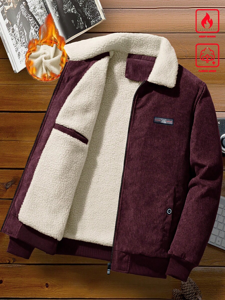 Manfinity Homme Men's Loose Fit Corduroy Patch Detailed Fleece Lined Padded Jacket | SHEIN